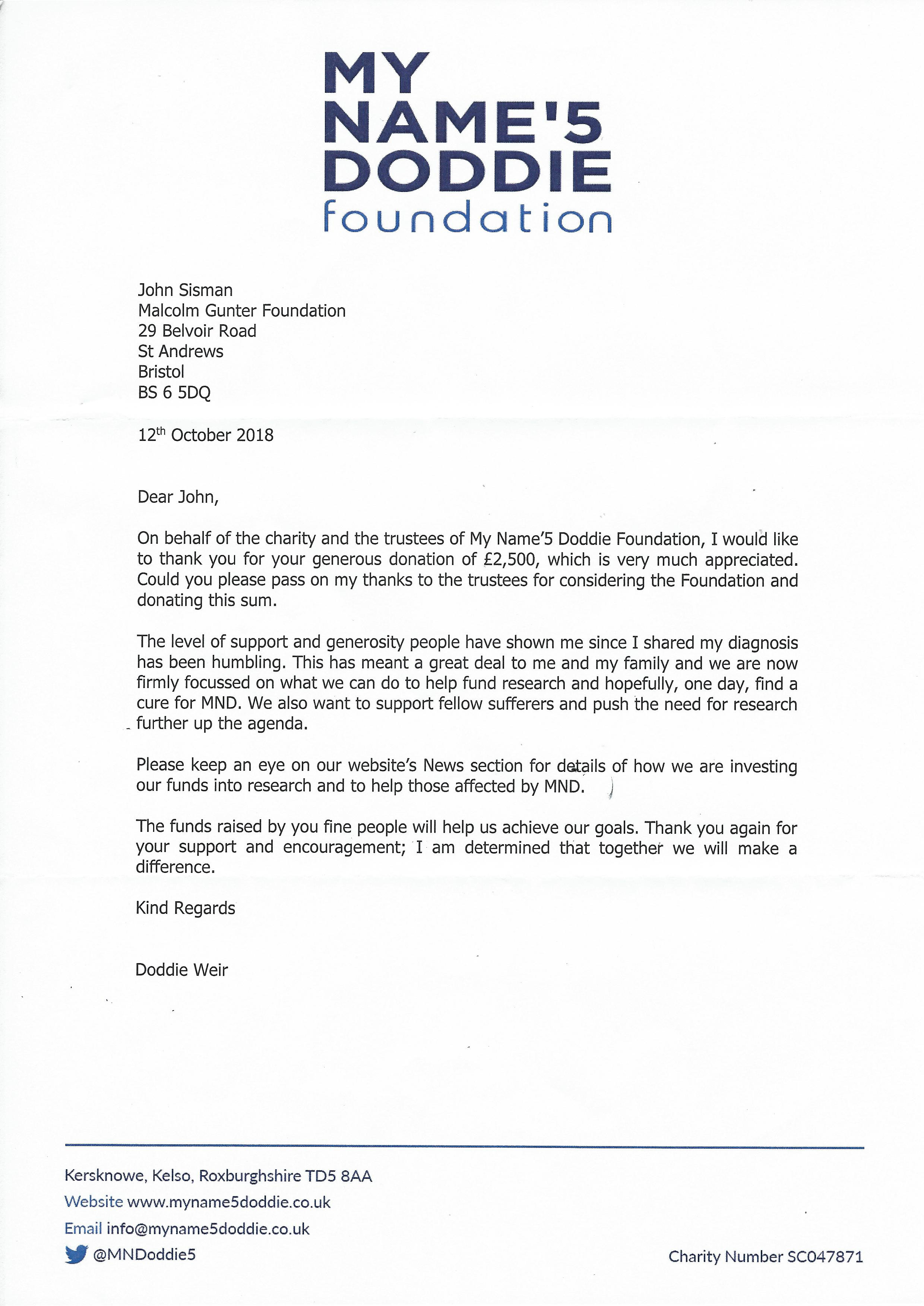 Letter of thanks – The Malcolm Gunter Foundation